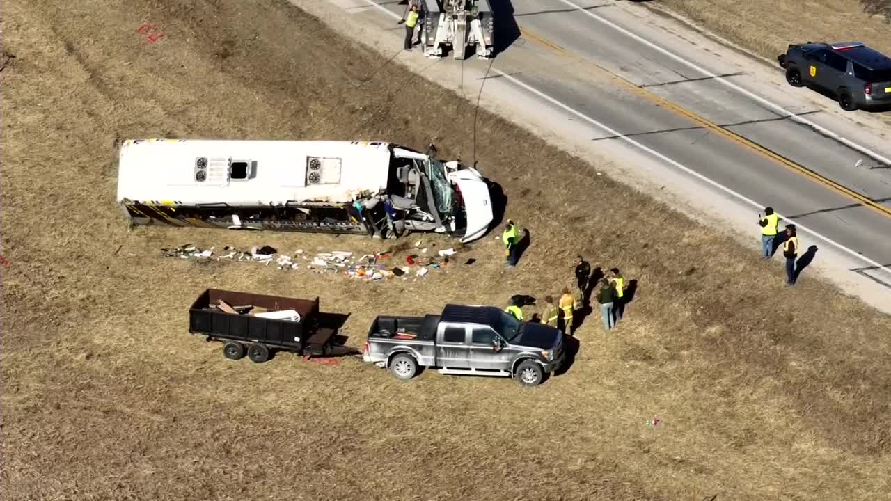 Emergency crews flip Iowa Lakes bus back upright after crash