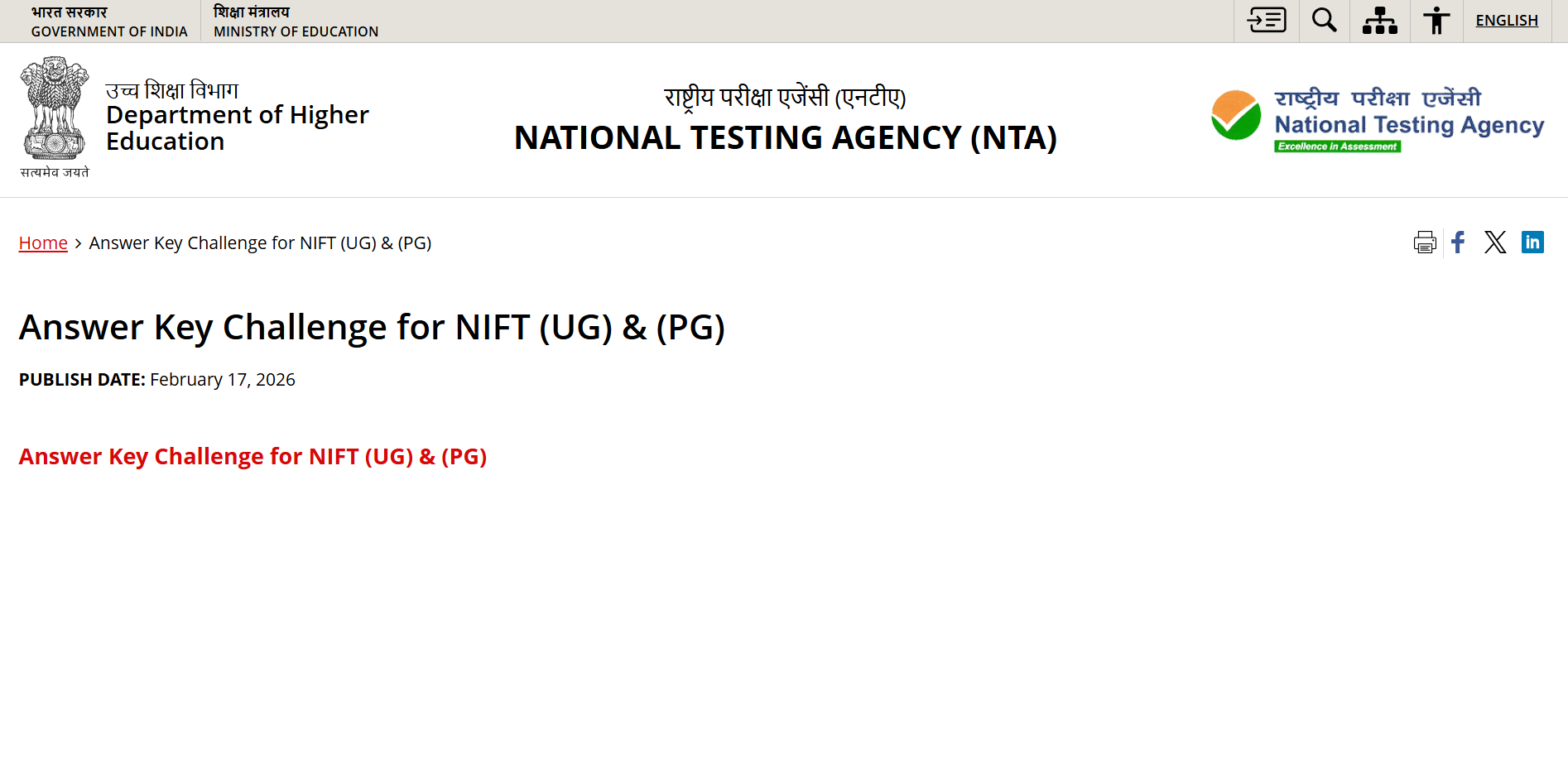 NTA NIFTEE provisional answer key 2026 released at nta.ac.in: Direct ...