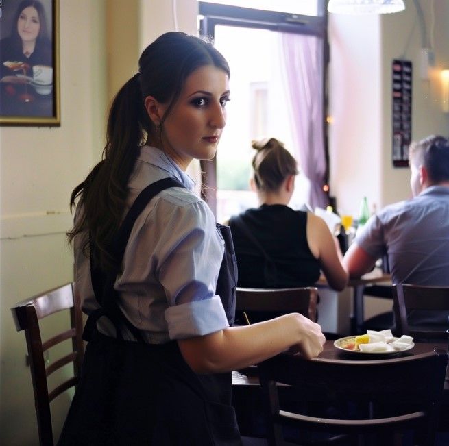 Three plates missing, one waitress stayed close