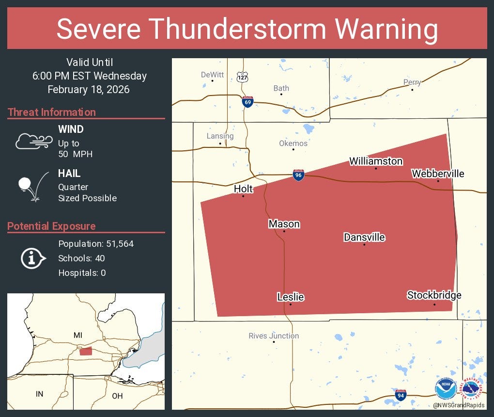 Severe thunderstorm warning issued for southern Ingham County