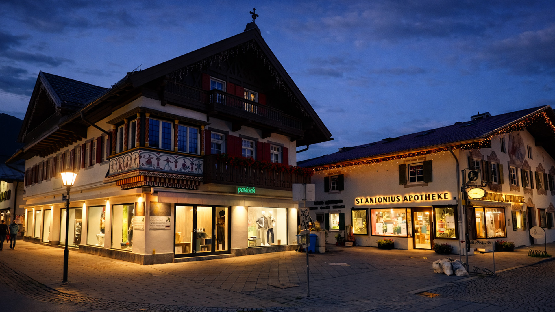 Garmisch-Partenkirchen Germany alpine town at dusk (4K)