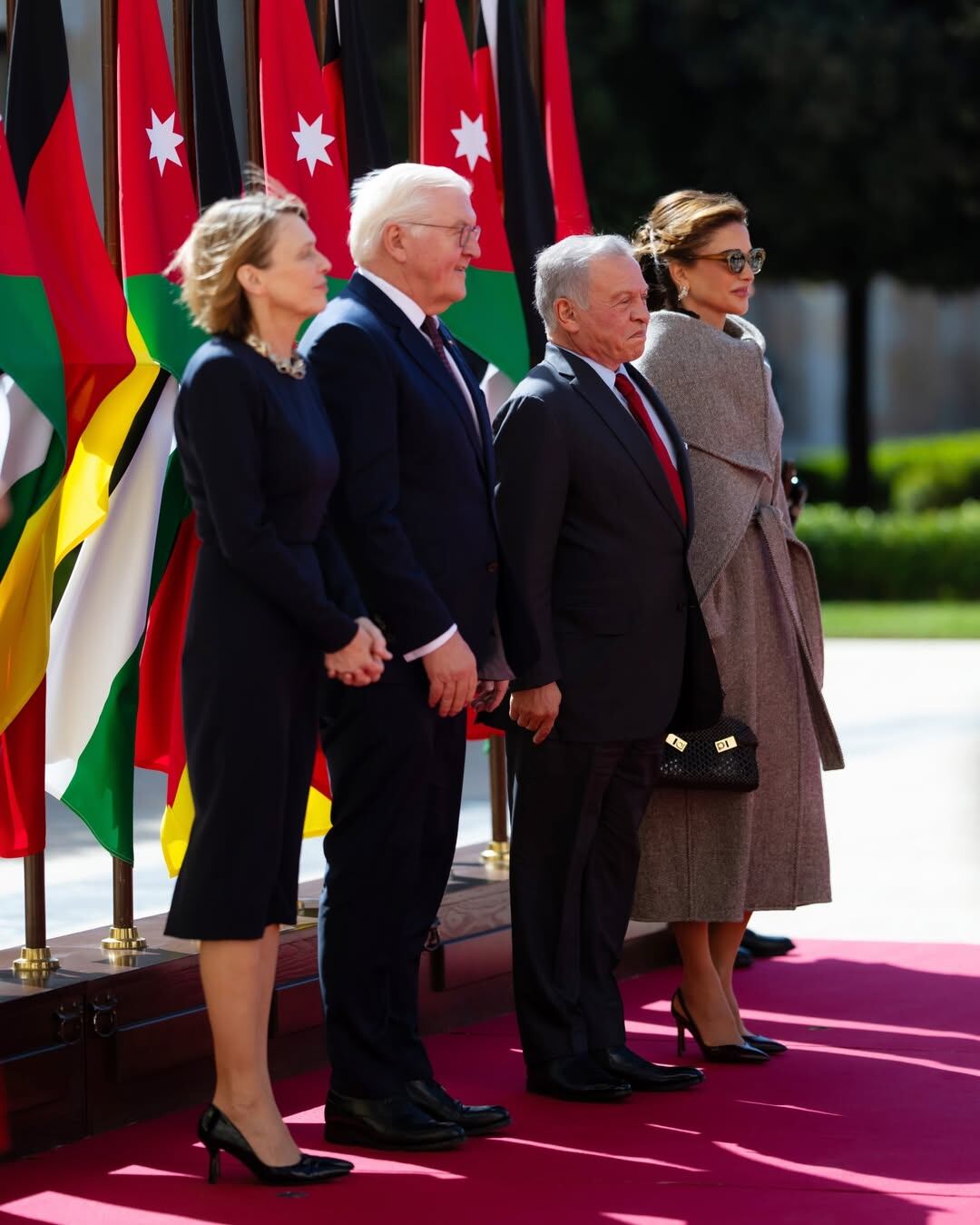Queen Rania wears Ferragamo to welcome German president to Jordan