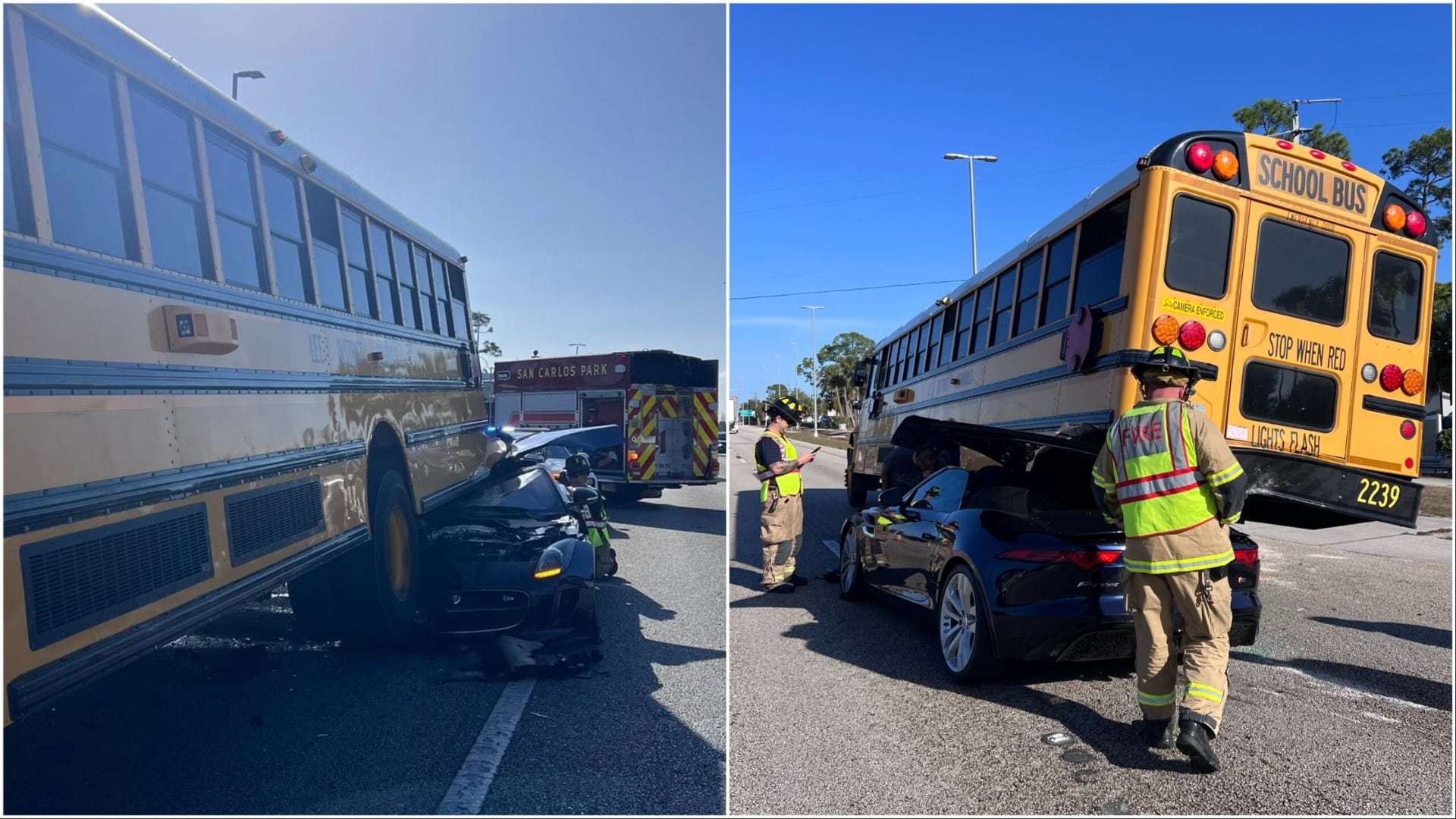 Jaguar slams into Florida school bus, gets wedged underneath in ...