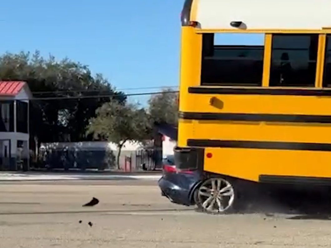 Car crashes into school bus, gets wedged underneath