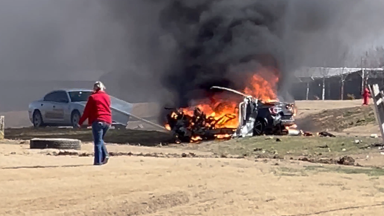 Viewer video shows vehicle engulfed in flames after crash in El Reno