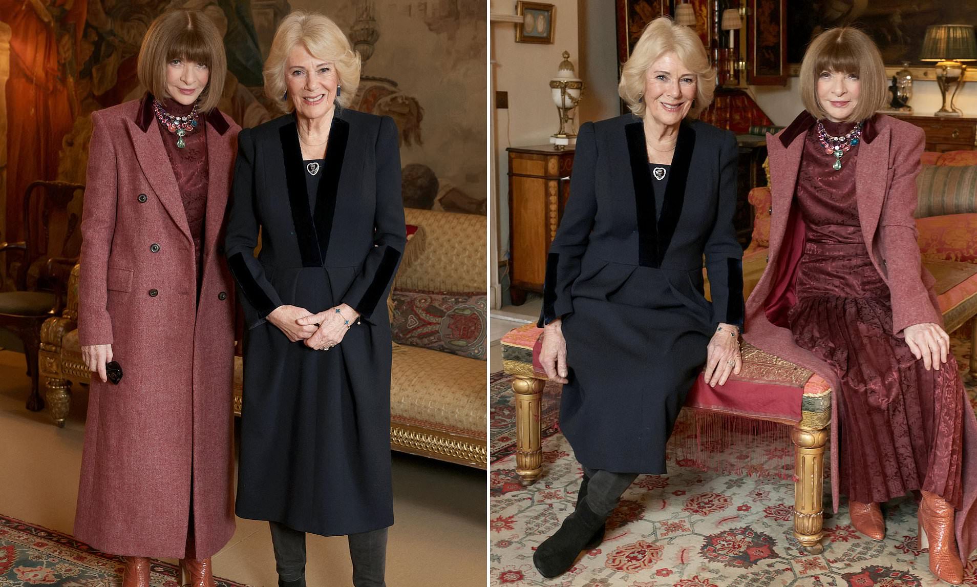 Queen Camilla poses with Anna Wintour at start of London Fashion Week ...