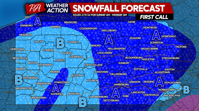 First call snowfall forecast for late weekend slushy snow in Pennsylvania