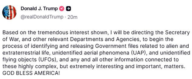 Trump announces release of secret government files on aliens and UFOs
