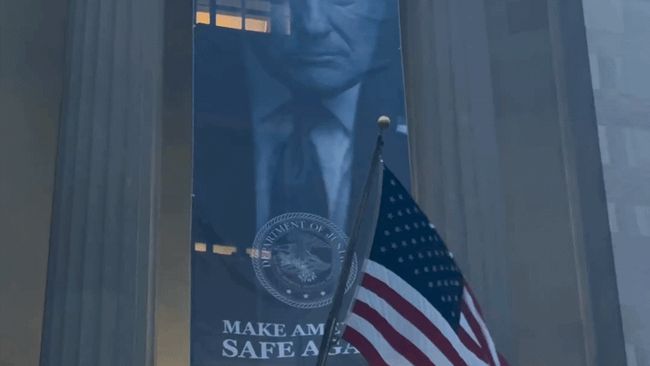 Trump banner unfurled at Department of Justice in DC
