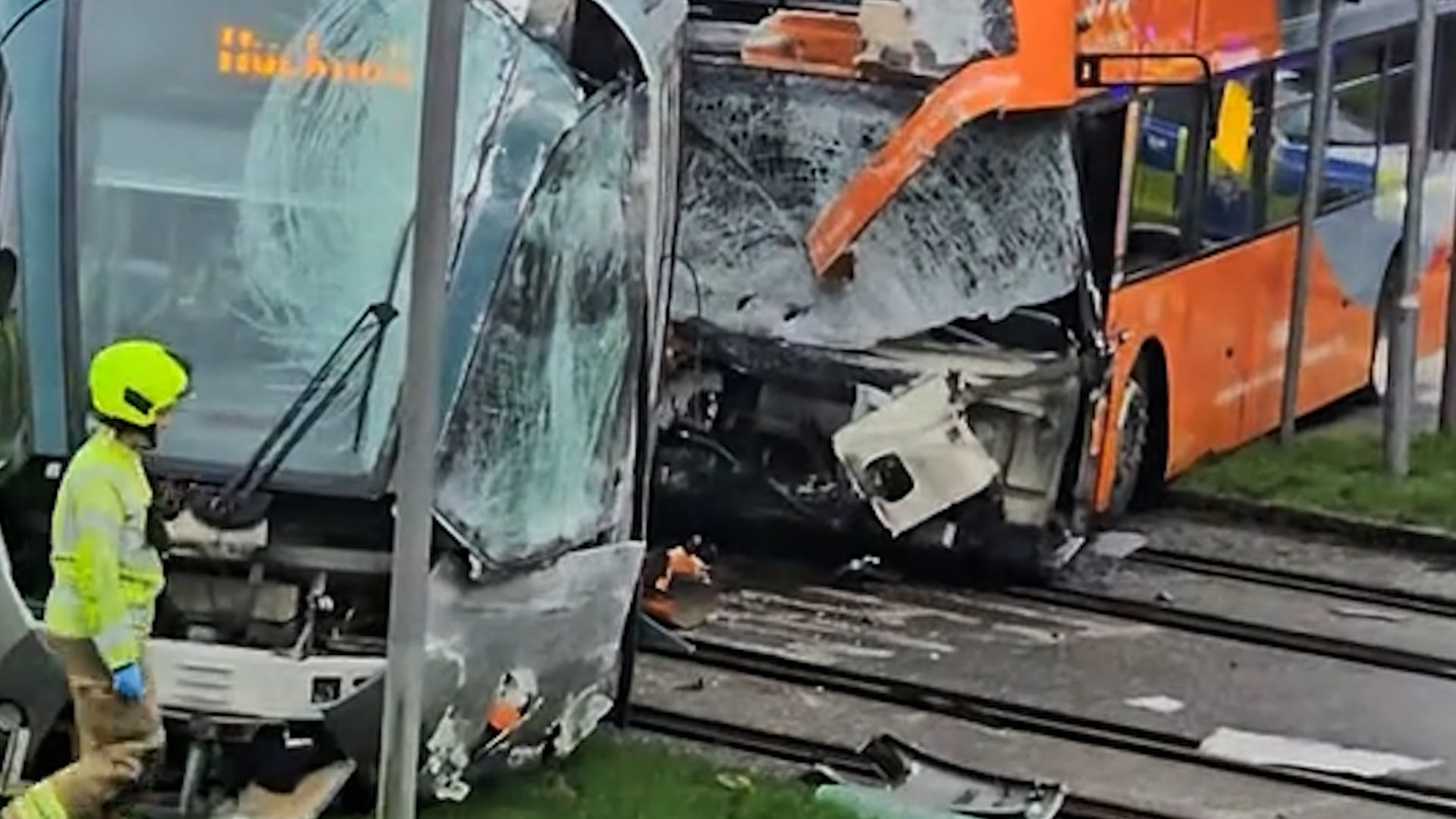 Video captured dramatic aftermath of bus and tram crash injuring passengers