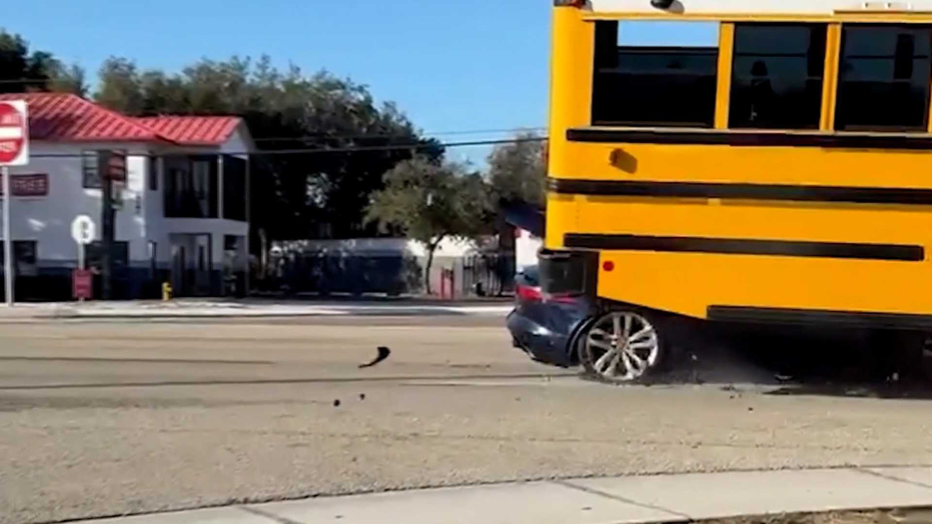 Shocking video: Car slams into back of Florida school bus, gets lodged ...