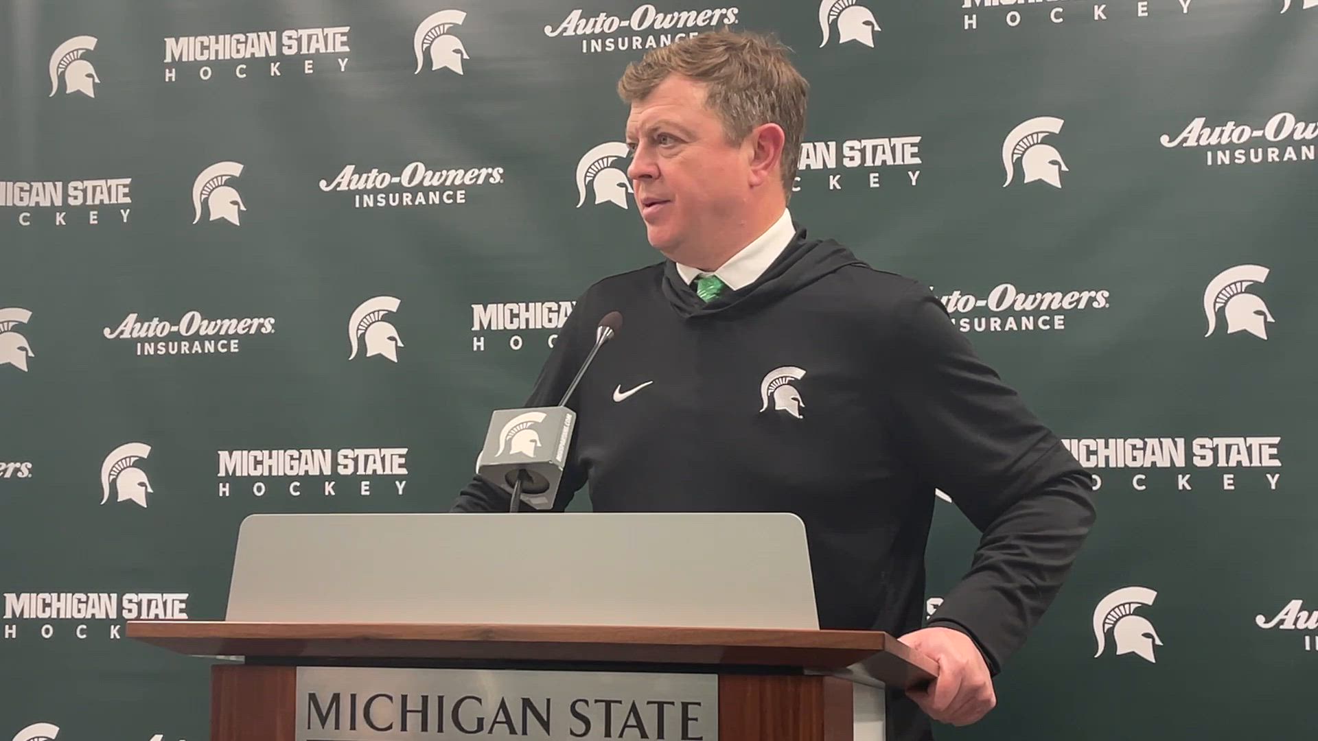 Michigan State head hockey coach Adam Nightingale speaks on the quick ...