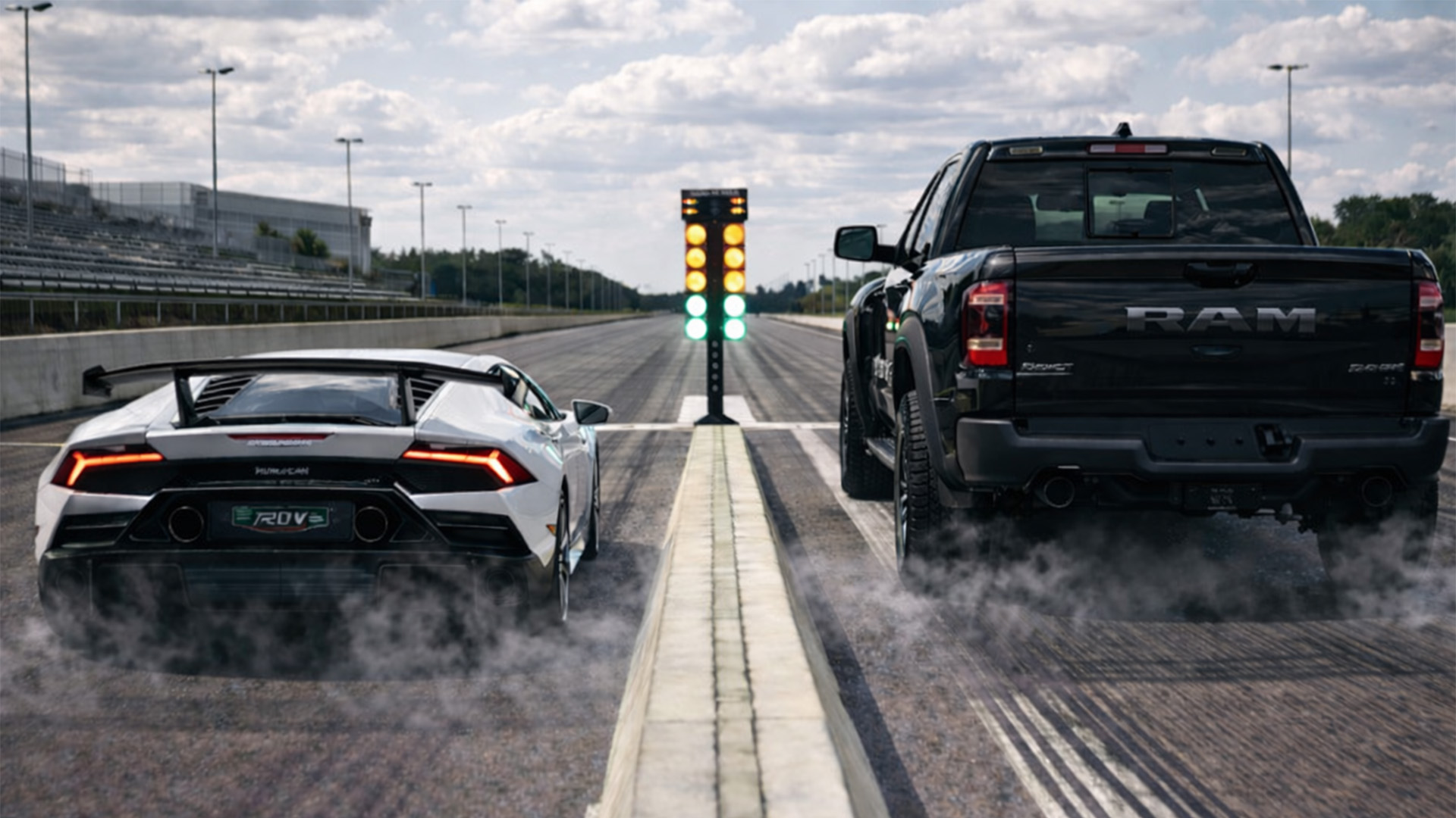 1,000HP Dodge RAM TRX vs Lamborghini Huracan EVO RWD drag race