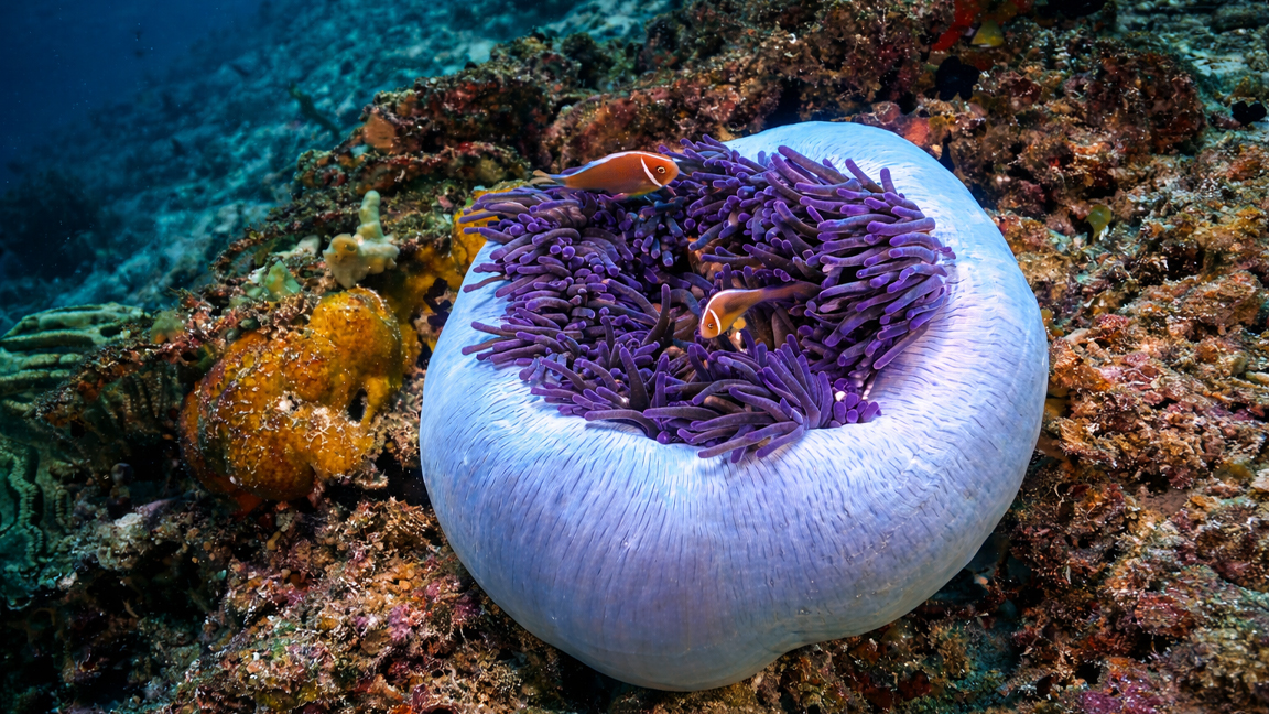 Clownfish swimming in sea anemone