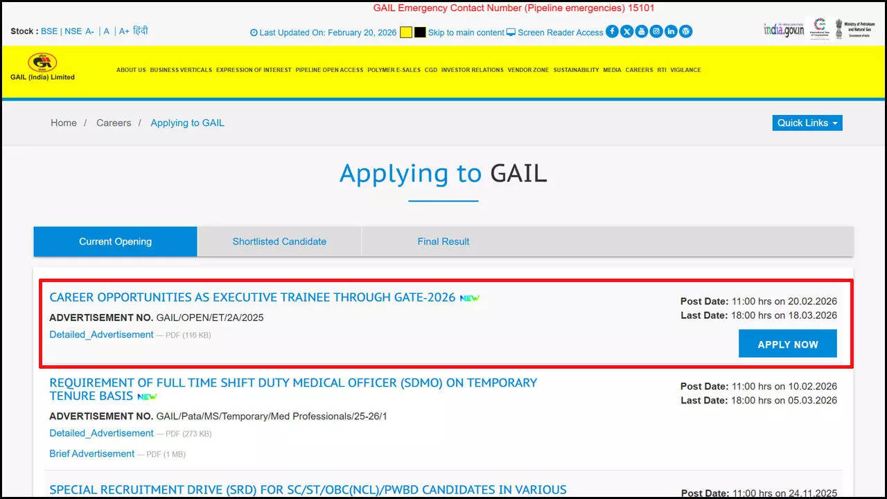 GAIL invites applications for 70 executive trainee posts through GATE 2026