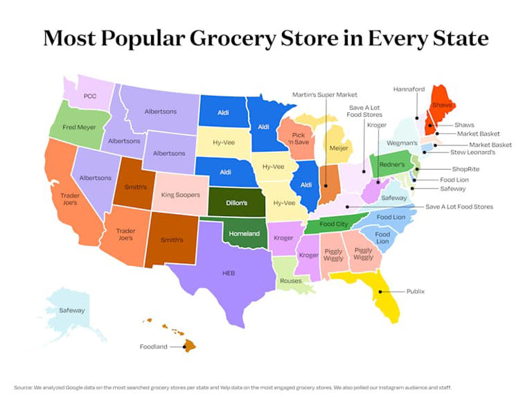 This map shows the most popular grocery store in every US state