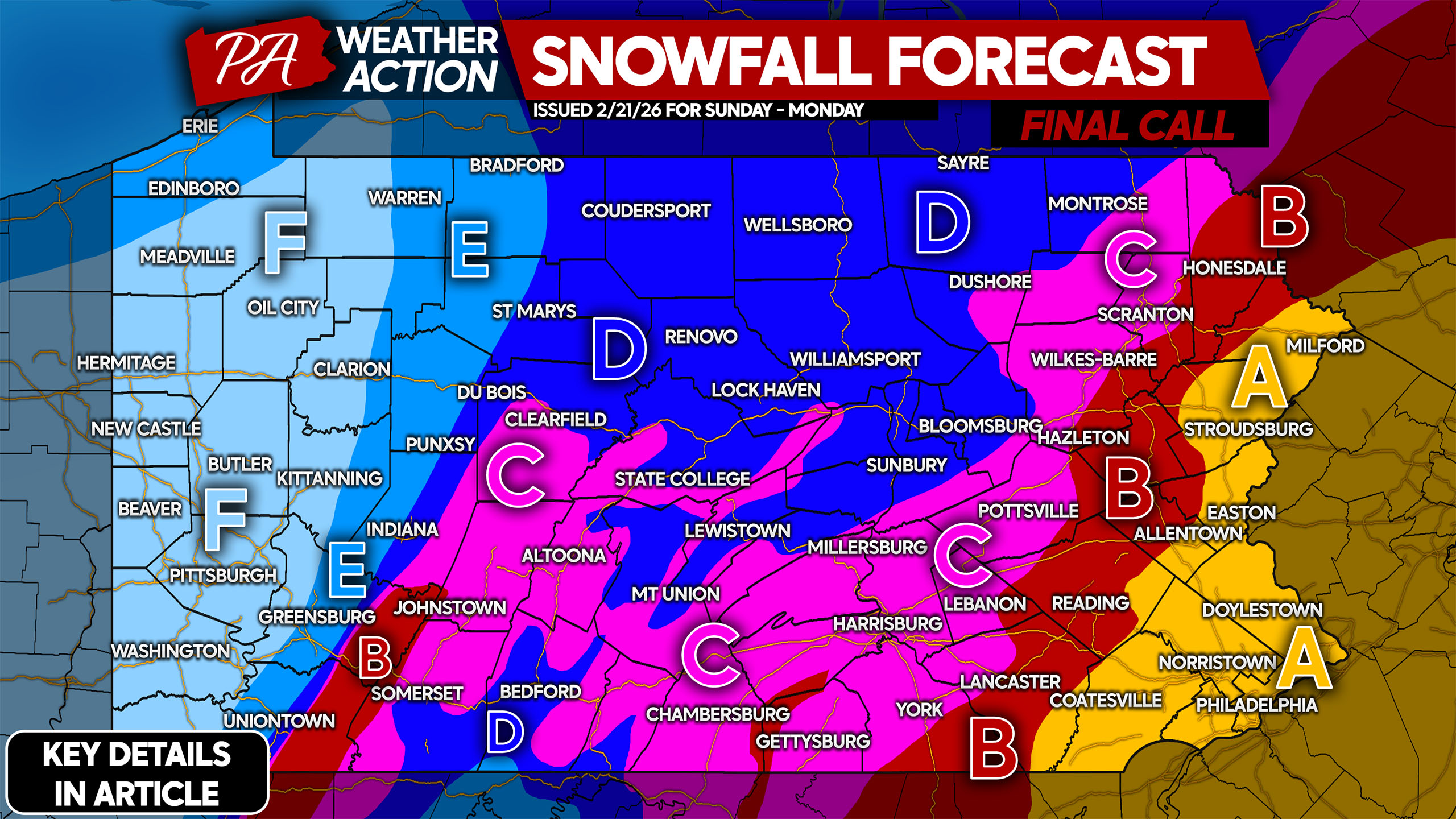 Final call snowfall forecast for Sunday's major snowstorm in parts of PA