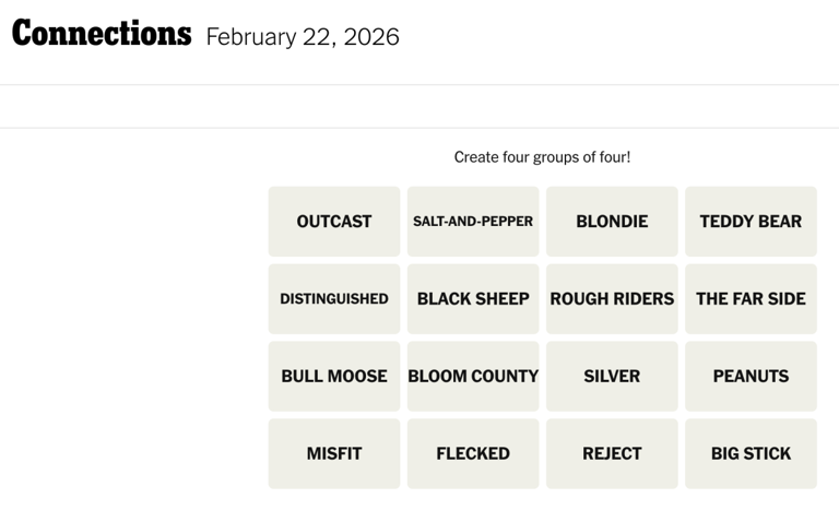 NYT ‘Connections’ hints, clues and answers today, Sunday, February 22, 2026