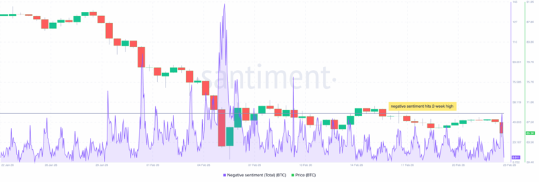Bitcoin (BTC) negative sentiment hits 2-week high after brief price ...