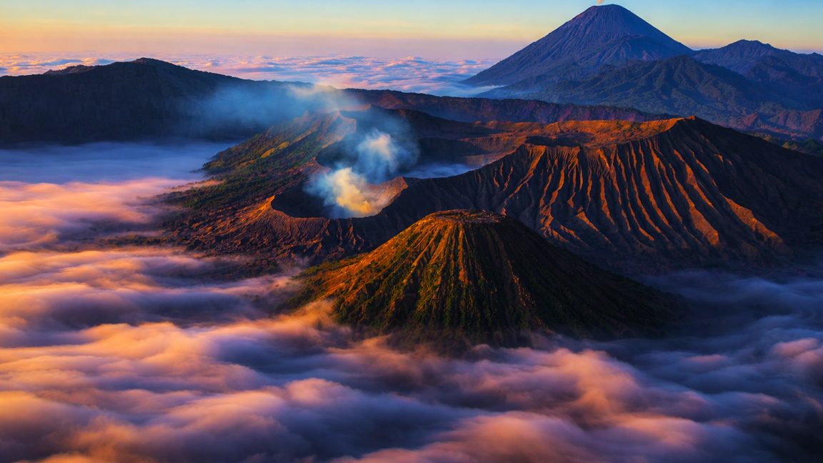 Active volcano in morning sky