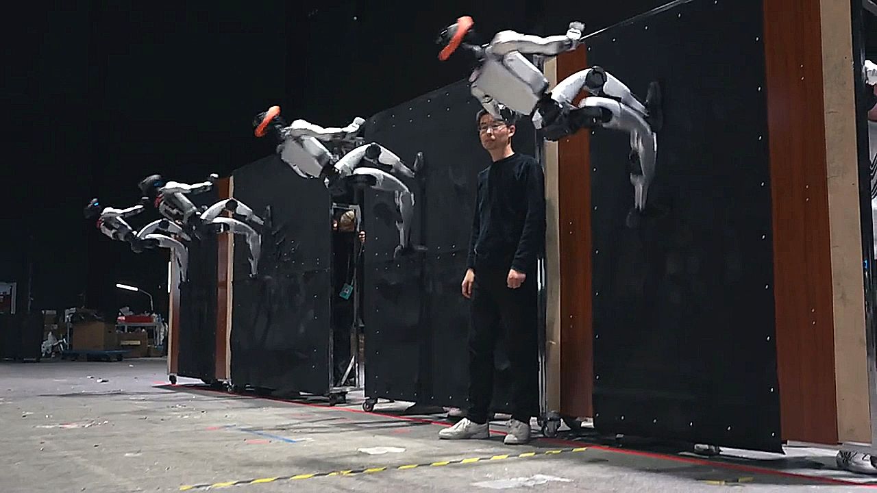 Robots perform perfectly synchronized flips and tricks
