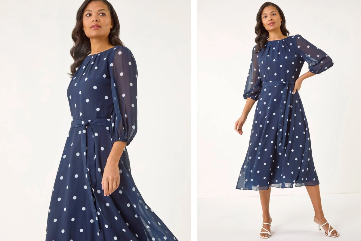 Polka dots are trending for spring and this elegant chiffon midi dress ...