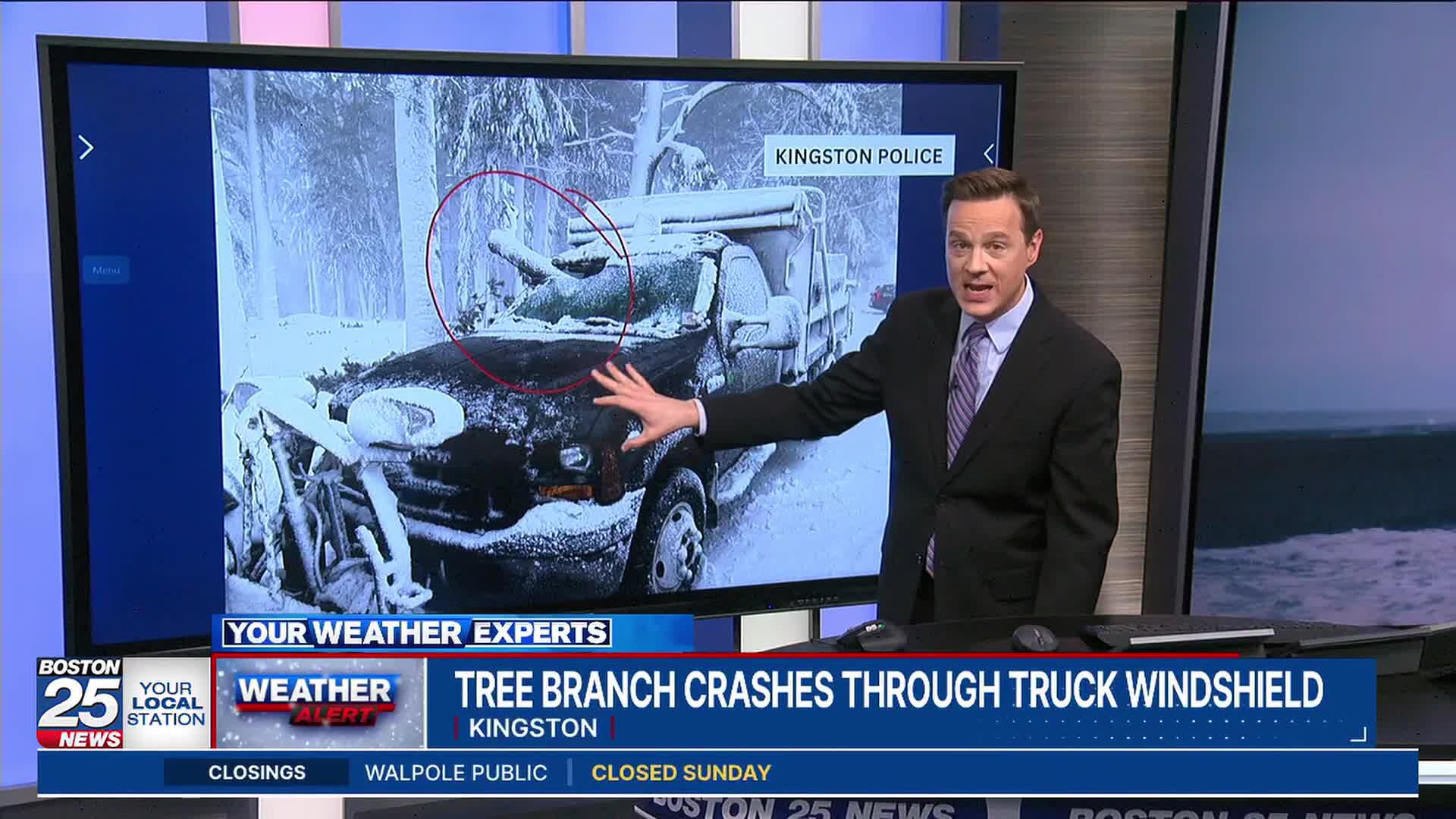 Mass. snowplow driver nearly impaled by tree branch that pierces ...