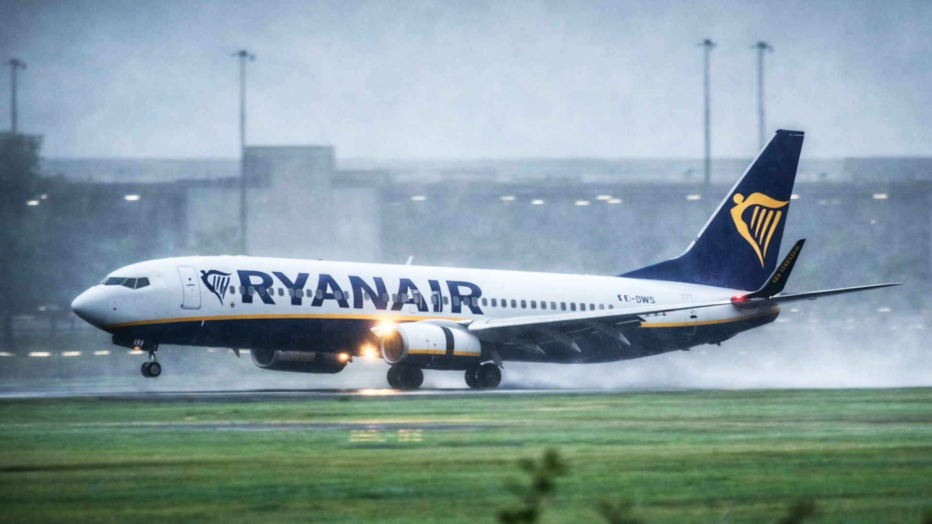 Ryanair jet lands hard on wet runway