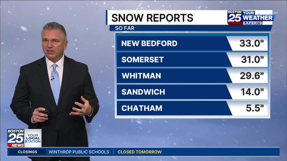 Updated Monday nor'easter reports: Massachusetts town-by-town snow totals