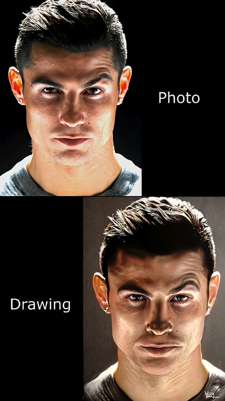 Hyper realistic Ronaldo drawing matched with the real photo