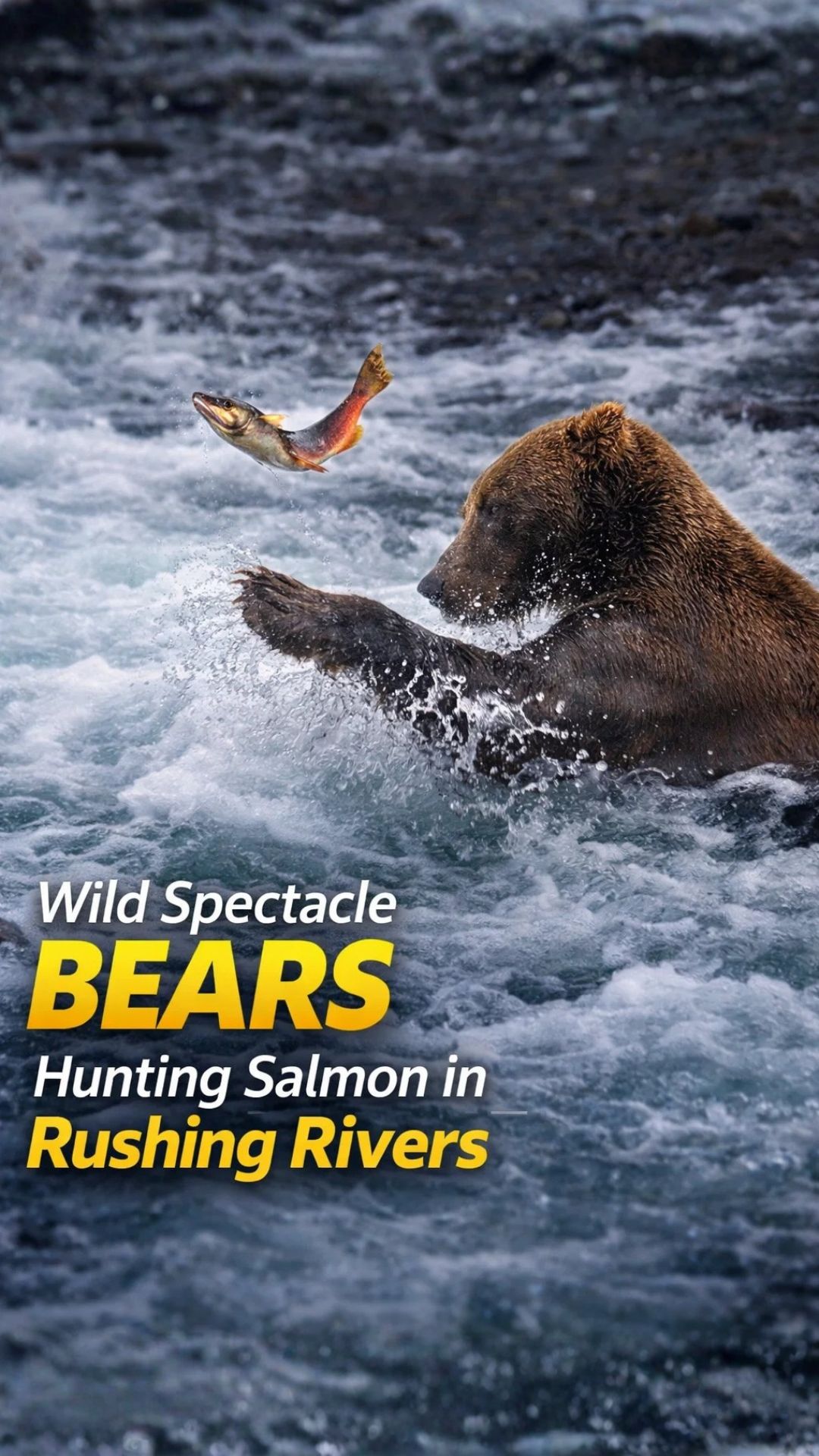 Wild spectacle bears hunting salmon in rushing rivers