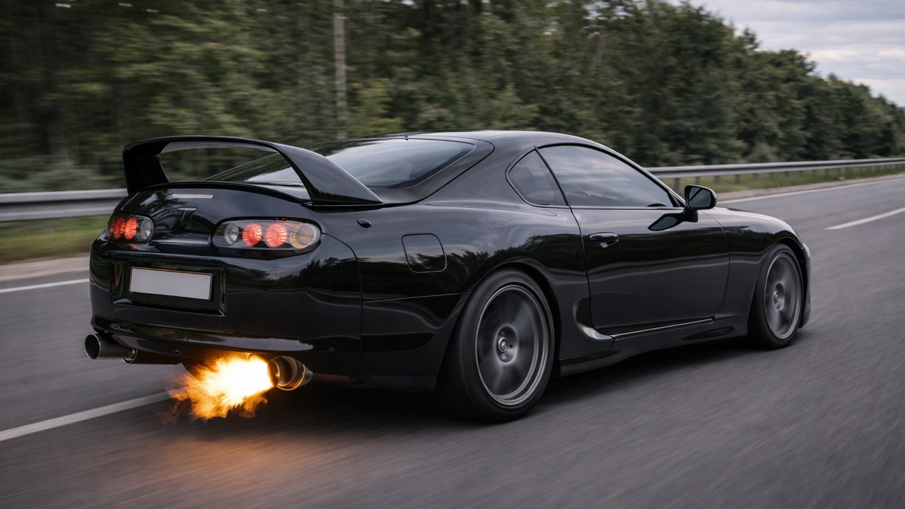 Toyota Supra driving fast on autobahn