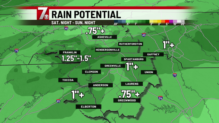 Heavy rain expected Sunday: 1-2″ possible across the Upstate