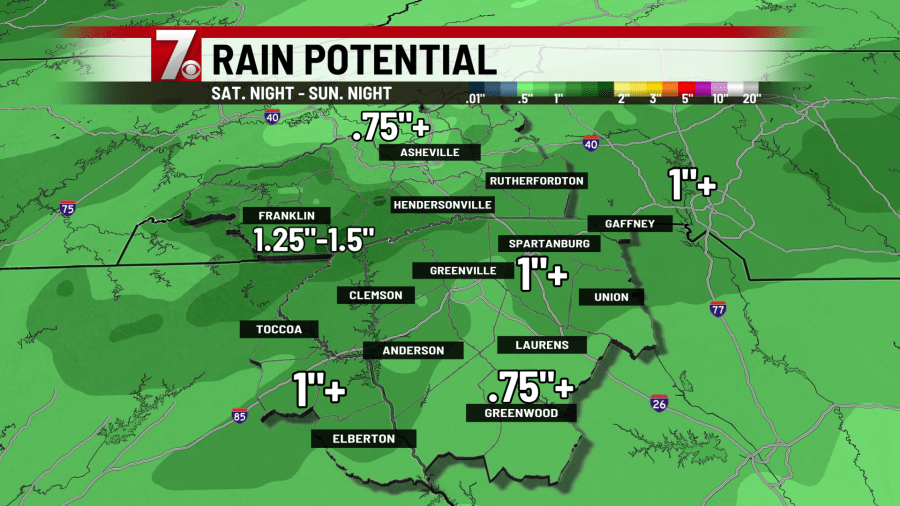 Heavy rain expected Sunday: 1-2″ possible across the Upstate