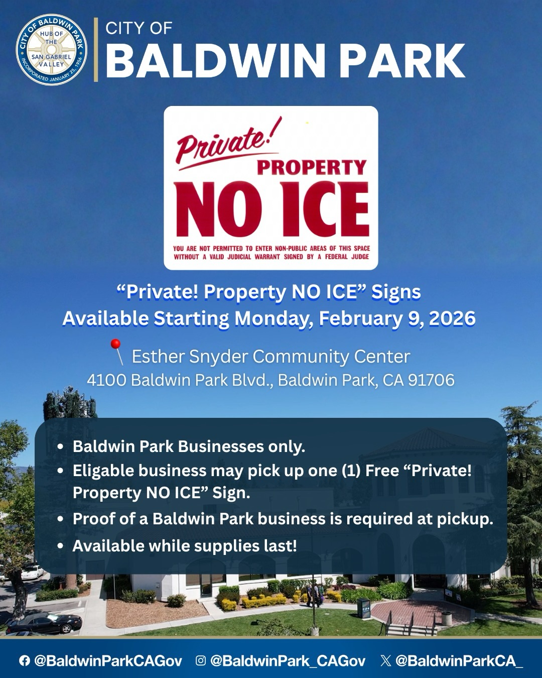 'No ICE' signs now available for Baldwin Park businesses