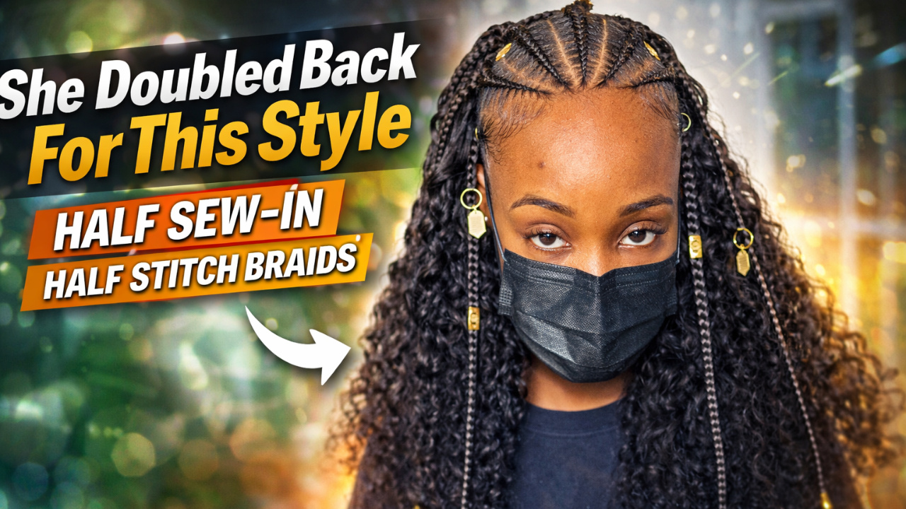 She doubled back for this style – half sew-in/half stitch braids