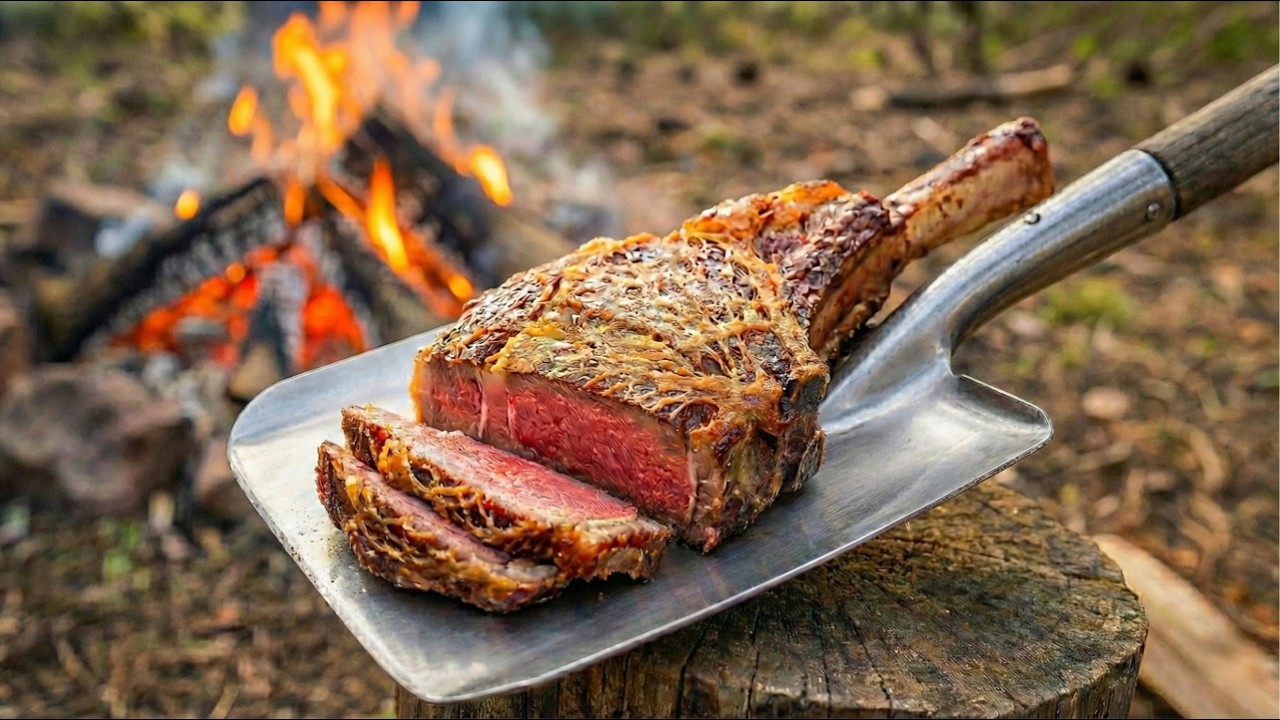 The 'spider web' steak... then the tomahawk hits a shovel over fire