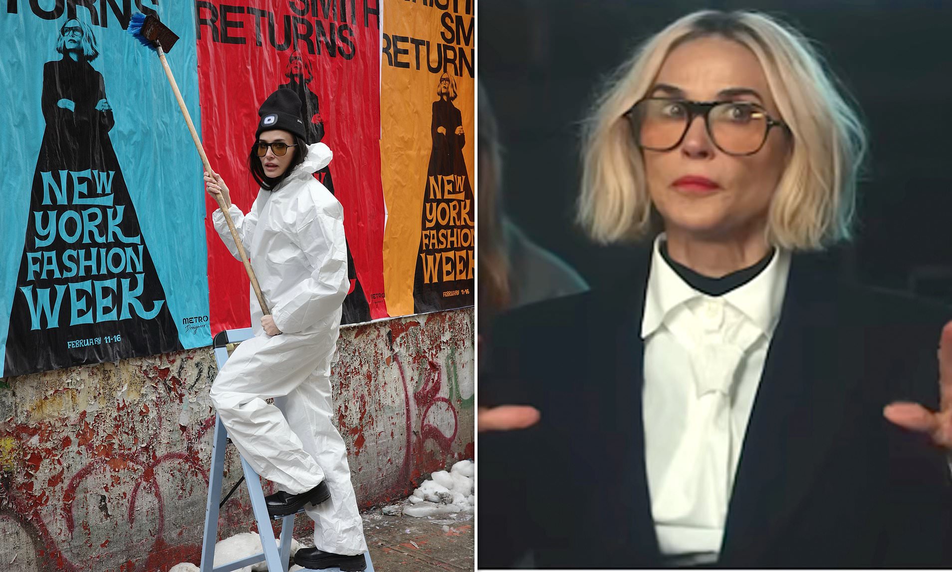 Demi Moore dons a hazmat suit to stick up posters for her new movie in NYC