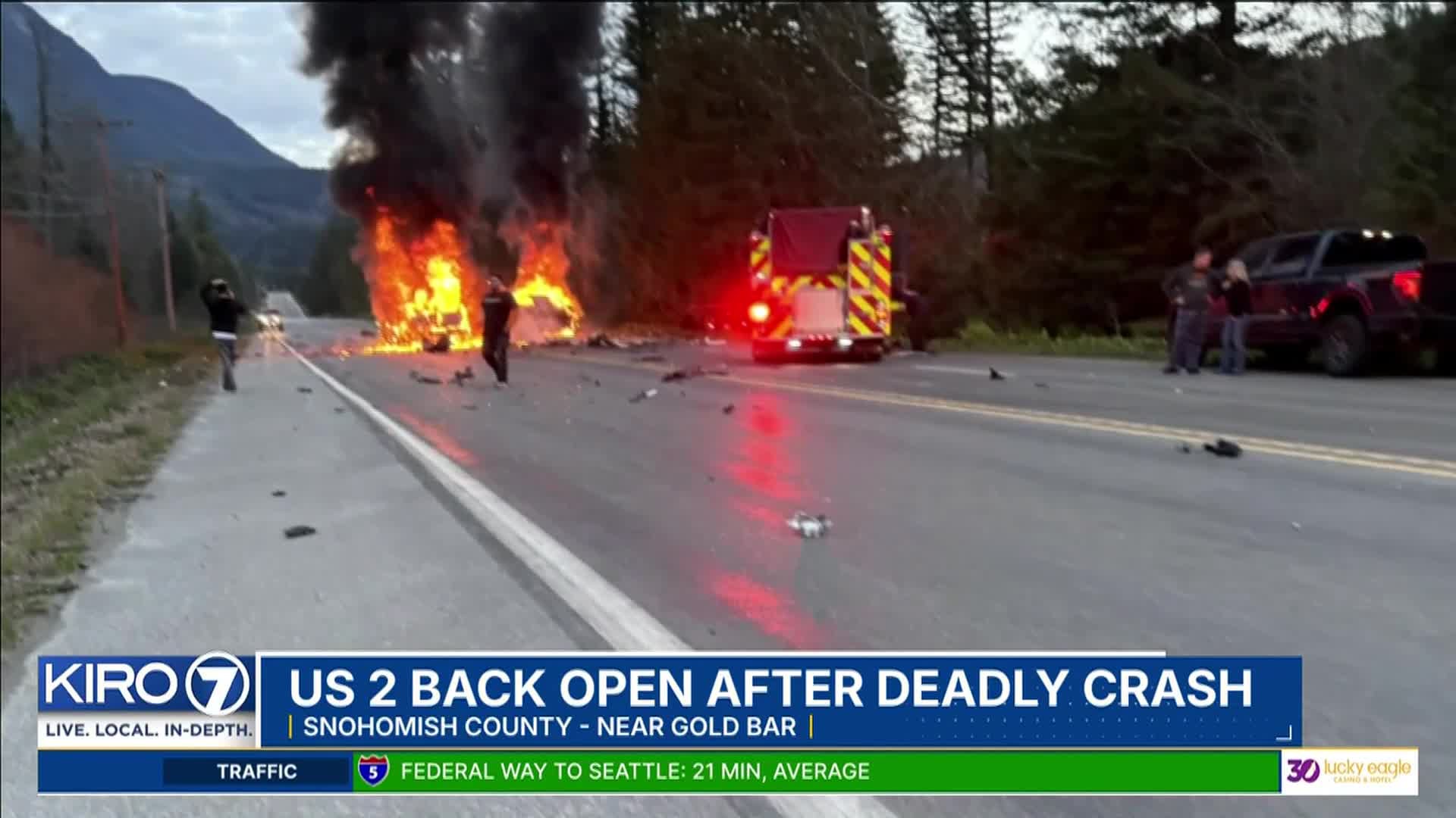 Three dead, two hospitalized after 3-car fiery crash on US 2 near Gold Bar