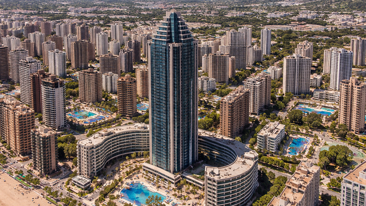 Tall building stands above seaside city