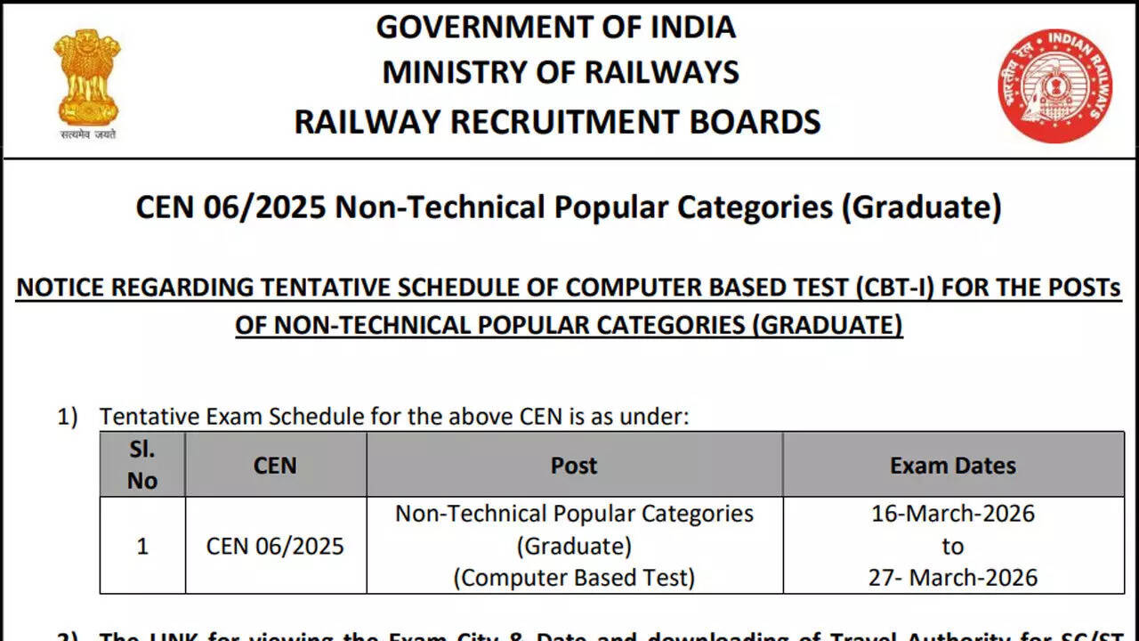 RRB NTPC graduate CEN 06/2025 CBT-I exam date out, check official ...