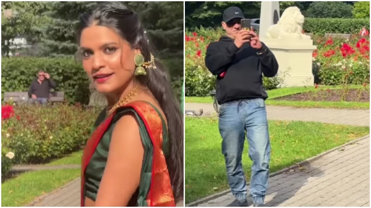 Indian woman walks on streets abroad in traditional saree. Foreigners ...