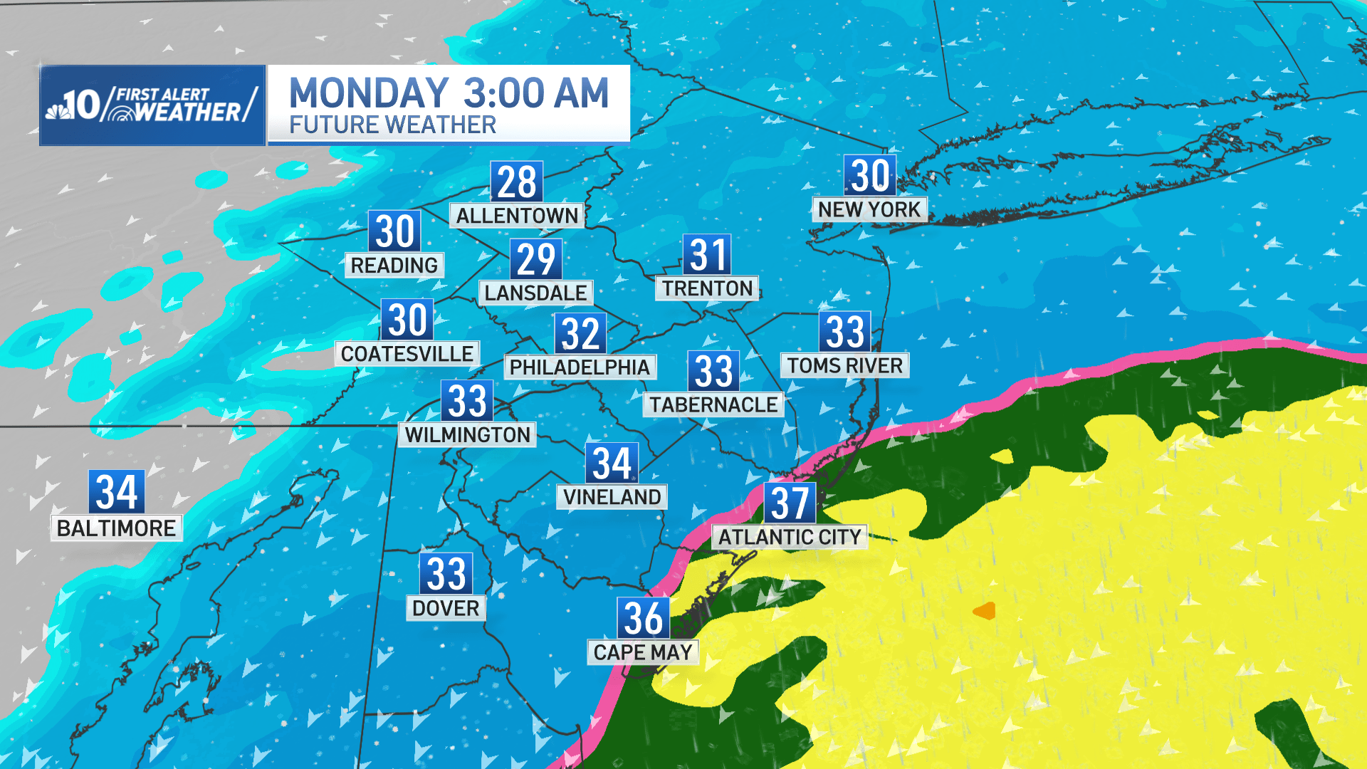Wintry mix of rain, light snow to fall in Philly area Sunday into Monday
