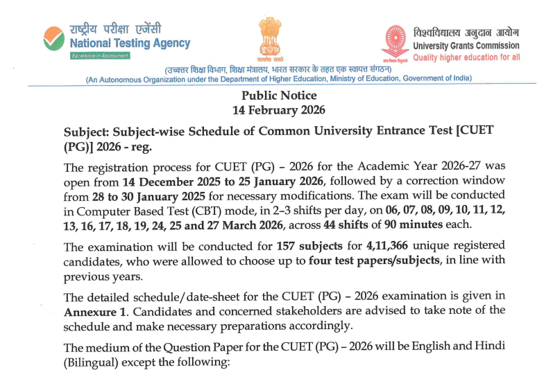 CUET PG 2026: NTA releases subject-wise schedule at exams.nta.nic.in ...