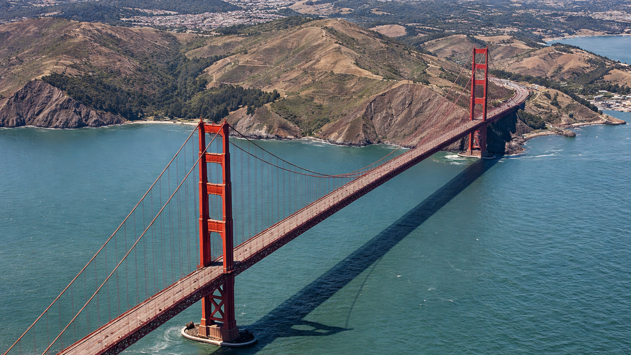 Crossing a bay between ocean and hills