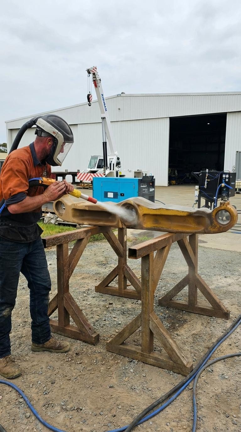 Dustless blasting in action — stripping paint and rust