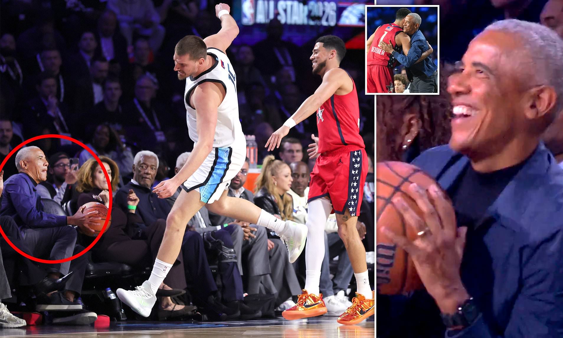Obama catches loose ball while sitting courtside with Michelle at NBA ...