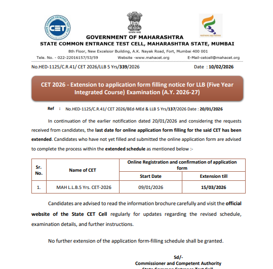 MHT CET 2026: Registration deadline extended for 5-year LLB course ...
