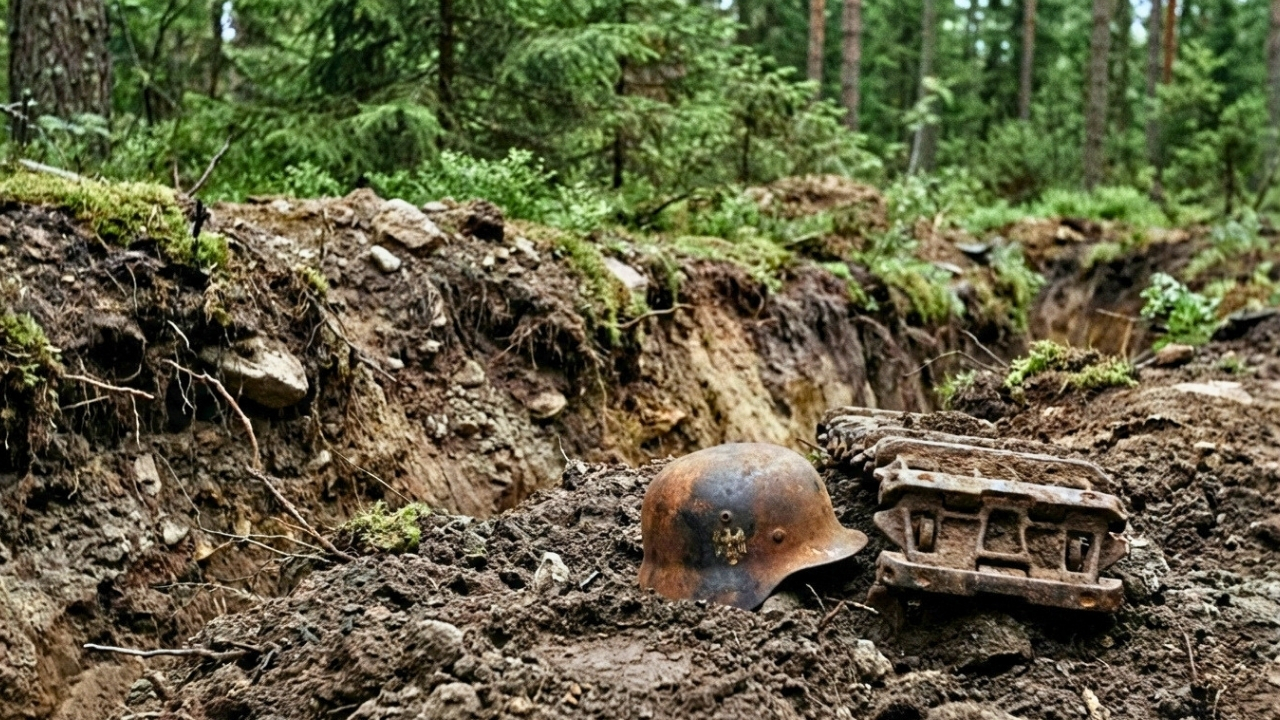 WWII trenches in German forest reveal helmet and vehicle parts