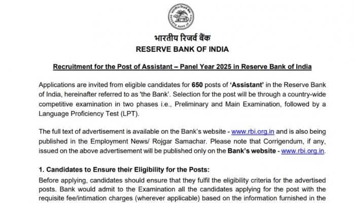 RBI assistant 2026: Notification released for 650 posts, apply online ...